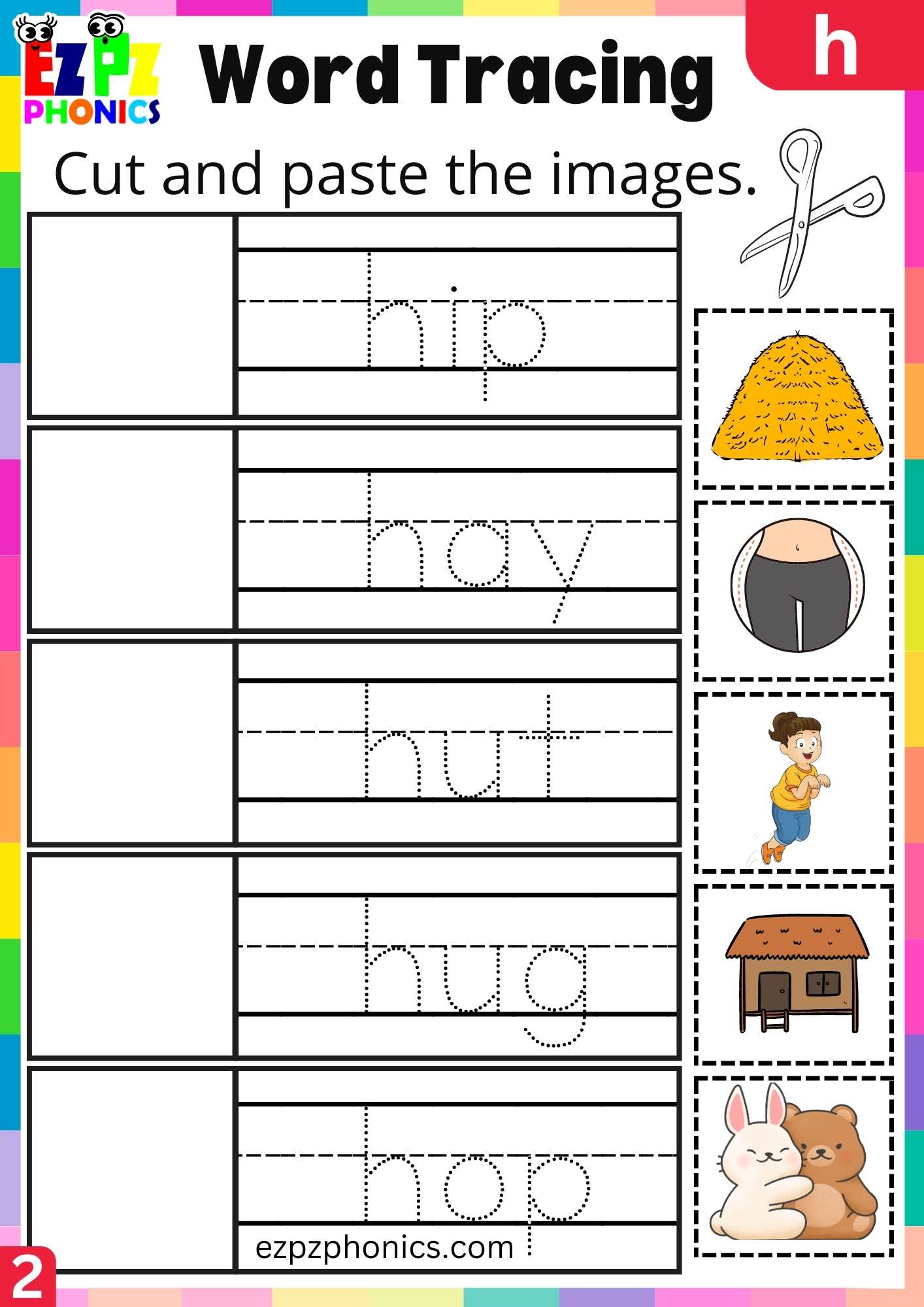 Group2 Letter H Word Tracing Beginning Sounds Worksheet - ezpzphonics.com